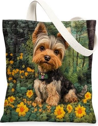 Generic Sac fourre-tout en toile motif chien yorkshire printanier 33 x 38,1 cm, style tricot&eacute;, sac d&eacute;picerie r&eacute;utilisable pour femme, peinture esth&eacute;tique amus