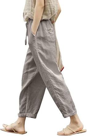 Generic Pantalon Lin Femme &Eacute;t&eacute; Coton &Eacute;lastique Taille Femmes 7/8 Pantalons D&eacute;contract&eacute;e Couleur Unie Mode Pant L&eacute;ger Sport Longueur Pants avec Poches