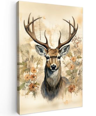 MuchoWow © Bild auf Leinwand Klein 20x30 cm Mini Schlafzimmer Bilder Wand Deko Wohnzimmer Modern Wanddeko Bilderwand Geschenk Vintage - Hirsch - Rothirsch - Bl