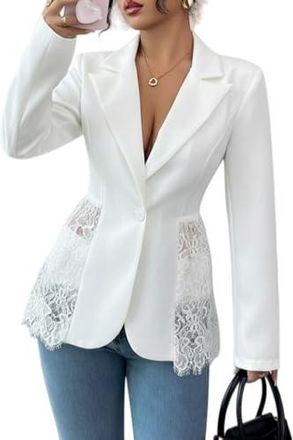 Generic Blazer patchwork en dentelle pour femme, col en V profond boutonn&eacute;, veste de travail et de bureau, blanc, XXL