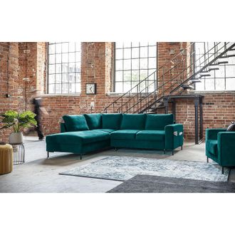 Loftscape home24 Ecksofa mit Ottomane Blau Samt Krysia 237 x 84 x 197cm Ottomane davorstehend links Modern