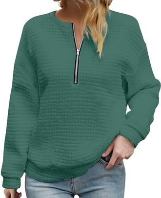 Generic Sweat-shirt gaufré à manches longues et col rond pour femme - Automne et hiver, Z03-vert noirâtre, XXL