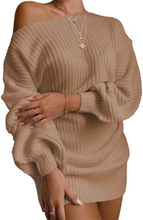 Generic Robe pull &agrave; manches longues et &eacute;paules d&eacute;nud&eacute;es pour femme, robe d&eacute;contract&eacute;e &agrave; manches longues en tricot &eacute;pais pour lautomne et lhiver, caf&eacute;, 4XL