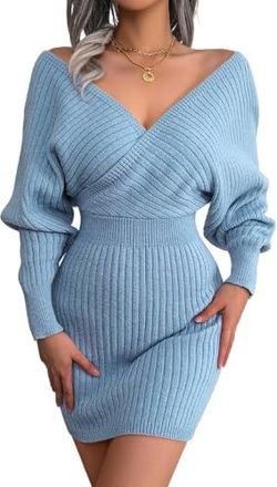 Onsoyours Robes Femme Courte Moulante Col Roul&eacute; Manches Longues Robe en Tricot Stretch Pull Long Casual &Eacute;l&eacute;gante Mini Robe Crayon Cocktail B Bleu XS