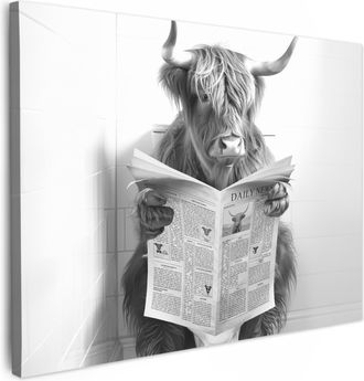 MuchoWow &copy; Leinwand Bilder 70x50 cm Wanddeko Badezimmer WC Aesthetic Room Decor Deko Zimmer Wandbilder Modern Bild auf Leinwand Highlander - Kuh - Toilette - Z