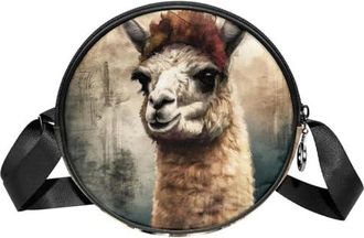 Generic Sac &agrave; bandouli&egrave;re rond pour femme, motif alpaga vintage, petit sac &agrave; bandouli&egrave;re avec fermeture &eacute;clair, bretelles r&eacute;glables, sac &agrave; main rond d&eacute;contrac