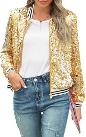 Generic Veste &agrave; paillettes pour femme, blazer zipp&eacute;, manteau &agrave; manches longues, l&eacute;ger, style bombardier de soir&eacute;e, dor&eacute;, grande taille