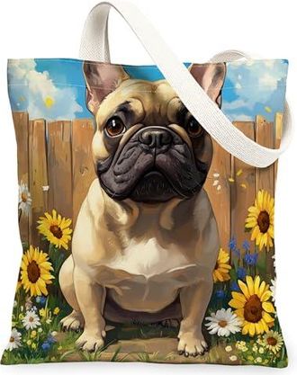 Generic Sac fourre-tout en toile motif bouledogue fran&ccedil;ais printanier, 33 x 38,1 cm, motif tournesol, cl&ocirc;ture de chiot, sac d&eacute;picerie r&eacute;utilisable, sac d&eacute;pice