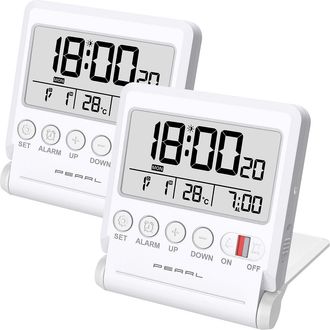 Pearl Uhr-Wecker: 2er-Set Kompakter Reise-Funkwecker mit Thermometer & Datum, klappbar (Reiseuhren mit Wecker, Automatische Funkwecker)