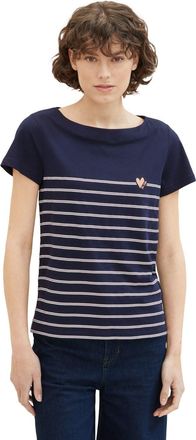 Tom Tailor Damen Basic T-Shirt mit Streifen, 10668 - Sky Captain Blue, S