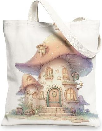 Generic Mushroom House Sac fourre-tout en toile réutilisable léger et respectueux de lenvironnement avec bandoulière 33 x 38 cm