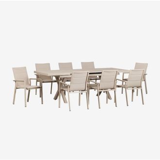 Sklum Karena rechteckiges ausziehbares Tischset 180-240x90 cm und 8 stapelbare Gartenst&uuml;hle mit Aluminiumarmlehnen Beige Tapioca
