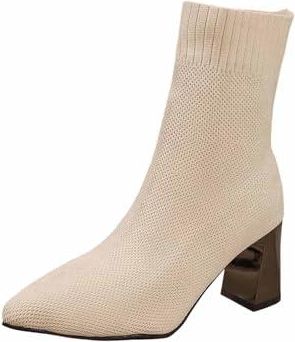 Generic Bottines pour femme en tricot extensible - Couleur unie - Bout pointu - Talon bloc - Confortables - Classiques - &Eacute;l&eacute;gantes et d&eacute;contract&eacute;es, beige, 38