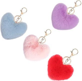 Supvox Porte-Cl&eacute;s Pompon en Peluche Forme Coeur Lot de 4 Couleurs Assorties pour Cl&eacute;s et Paquet &agrave; Main pour Filles