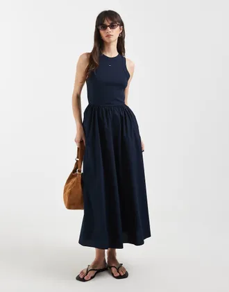 Tommy Jeans Robe d&eacute;bardeur en popeline c&ocirc;tel&eacute;e - Bleu marine