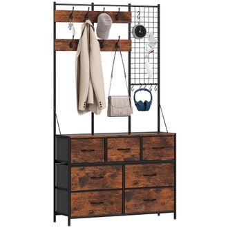 HOMCOM 4-in-1 Flurm&ouml;bel, Garderobe, Garderobe mit 7 faltbaren Stoffschubladen und 14 Haken, Industriestil, f&uuml;r Flur, Diele, Schlafzimmer, schwarz und rustika