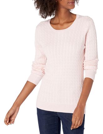 Amazon Essentials Damen Leichter Langarm-Pullover Mit Rundhalsausschnitt Mit Zopfmuster (Erh&auml;ltlich In &Uuml;bergr&ouml;&szlig;e), Hellrosa, M