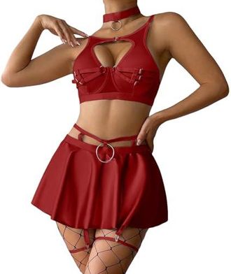 Generic 2026 Soutiens-gorge pour femmes soutien-gorge lingerie dr&ocirc;le dentelle sexy noir ensemble de sous-v&ecirc;tements solides tablier body, Rouge, L