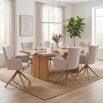 Mendler 6er-Set Esszimmerstuhl HWC-N11, Stuhl, drehbar Auto-Return Stoff Boucl&eacute; 350g/m&sup2; &Ouml;ko-Tex - beige, Beine Holz-Optik