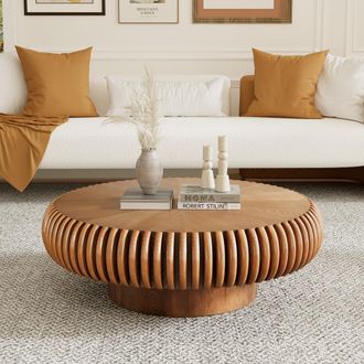 Generic Moderner runder, trommelf&ouml;rmiger Couchtisch mit Rillenprofil f&uuml;r das Wohnzimmer, Kleiner minimalistischer Beistelltisch aus Holz im Mid-Century-Stil m