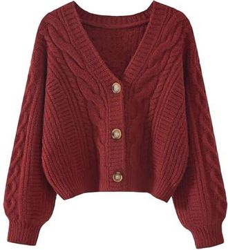 Generic Cardigan court cor&eacute;en en tricot pour femme - Col en V - Style r&eacute;tro - &Eacute;l&eacute;gant - Pour le bureau, Rouge, taille unique