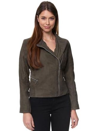 Tazzio Veste en cuir v&eacute;ritable pour femme look motard F500, kaki, S