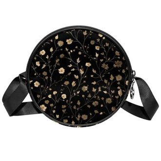 Generic Petit sac &agrave; bandouli&egrave;re rond pour femme, petit sac &agrave; bandouli&egrave;re dor&eacute; &agrave; motif floral avec fermeture &eacute;clair, bretelles r&eacute;glables, sac &agrave; main rond d&eacute;con
