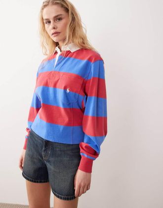 Polo Ralph Lauren Vintage-Rugby-Polohemd in Rot/Blau mit Blockstreifen und Markenlogo-Bunt