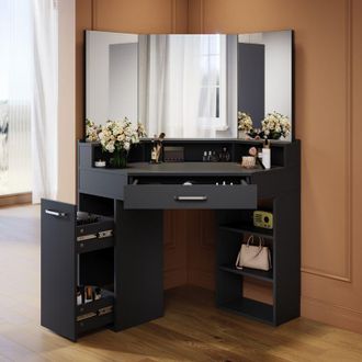 Sonni Moderner Eck-Frisiertisch mit Spiegel, 3 Offenen Fächern und 2 Schubladen, Silbernen Metallarmlehnen, Schwarzem, Passend Zu Allen Einrichtungsstilen