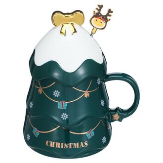 Hemobllo Weihnachtstasse, 3D Gr&uuml;n Keramik Weihnachtsbaum Kaffeebecher mit Deckel und L&ouml;ffel f&uuml;r Geburtstagen, Weihnachten, Jubil&auml;en, Hochzeiten