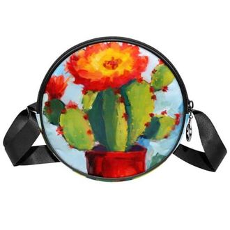 Generic Petit sac &agrave; bandouli&egrave;re rond pour femme, motif fleurs de cactus avec fermeture &eacute;clair, bretelles r&eacute;glables, sac &agrave; main rond d&eacute;contract&eacute; pour femmes et