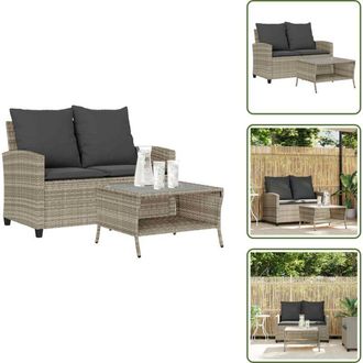 vidaXL Gartensofa 2-Sitzer mit Kissen & Tisch Hellgrau Poly Rattan - Gartensofa - Gartensofas - Outdoor Sofa - Garten Sofa