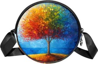 Generic Sac &agrave; bandouli&egrave;re rond rond pour femme, motif arbre color&eacute;, petit sac &agrave; dos &agrave; bandouli&egrave;re avec fermeture &eacute;clair, bretelles r&eacute;glables, d&eacute;contract&eacute; pour