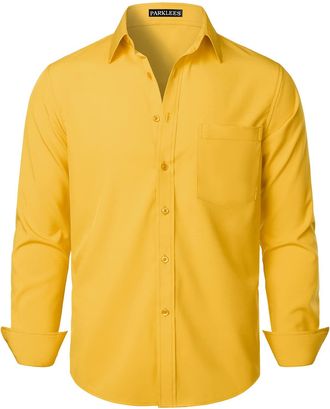 PARKLEES Herrenhemd, normale Passform, einfarbig, knitterfrei, langärmelig, lässige Geschäftshemden mit Knopfleiste und Tasche, gelb, XXL