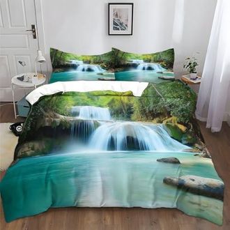 Generic Thaïlande Parc National DErawan Vert Forêt Parure de Lit 200x200 cm Vert Housse de Couette Imprimé Microfibre Confortable Ensemble de Literie avec Fer