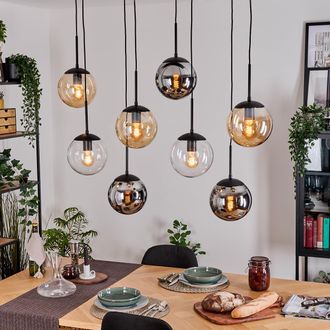 HOFSTEIN Hängeleuchte Gastor, 8-flammige Hängelampe aus Metall/Glas in Schwarz/Chrom/Rauch/Bernstein/Klar, Pendelleuchte im Retro/Vintage-Design (Schirme Ø 20 