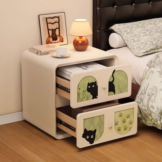 Generic Massivholz-Nachttisch, Bauernhaus-Nachttisch Mit Ausgeh&ouml;Hltem Halbkreisf&ouml;Rmigem Dekorativem Bild, Abgerundeten Ecken, Bodenstehenden Schrankbeinen