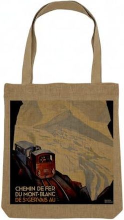 Fabulous Sac Shopping Tote Bag Aspect Lin - Train Mont Blanc Montagnes Affiche Poster Vintage Tourisme Art Deco - Sac de Courses Toile Epaisse 360g Beige Natur