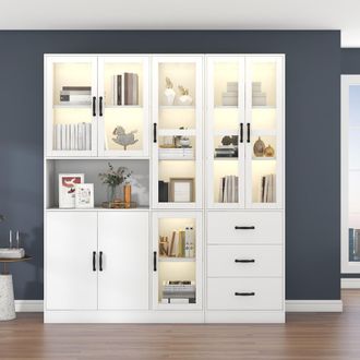 Generic Vitrine 200 cm hoch wei&szlig; mit LED Beleuchtung 2 Glast&uuml;ren 3 Schubladen verstellbare Einlegeb&ouml;den Standvitrine Glasvitrine Wohnzimmerschrank Sammlervitr