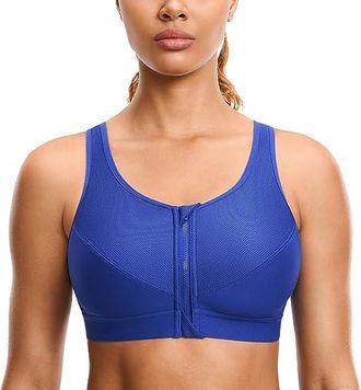 Syrokan Soutien Gorge Femme Sport sans Armature Maintien Extreme Zippée Devant Dos Nageur Non Rembourré pour Fitness Course Jogging Wave Bleu 105D