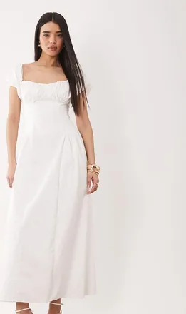 KAIIA Exklusives Maxikleid aus Baumwolle in Creme mit Milchm&auml;dchen-Ausschnitt, Puff&auml;rmeln und Faltenwurf der H&uuml;fte-Wei&szlig;