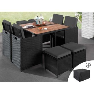Best Mobilier Cuba - zusammenschiebbare gartengarnitur mit 8 sitzpl&auml;tzen - aus rattan-geflecht - schwarz mit grauen kissen und schutzh&uuml;lle - schwarz / grau