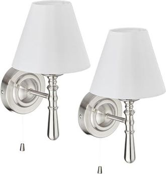Relaxdays Wandlampe mit Schirm 2er Set, Zugschalter, Flur & Wohnzimmer, E14, Stoff, Metall, HBT 28x16x19 cm, Silber/weiß