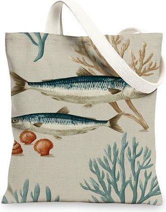 Generic Sacs fourre-tout en toile motif poisson océan, sacs de courses réutilisables, vintage nautique, léger, lavable à lépaule Str, beige, 13x15 Inch