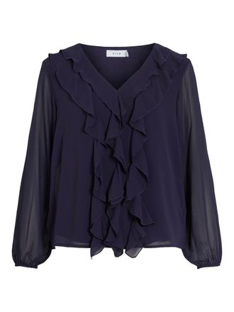 Vila Viane L/S V-Neck Frill Top - Noos