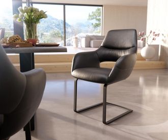 DELIFE Freischwinger Yago-Flex mit Armlehnen Echt-Leder Schwarz Freischwinger flach Schwarz Taschenfederkern, Esszimmerst&uuml;hle