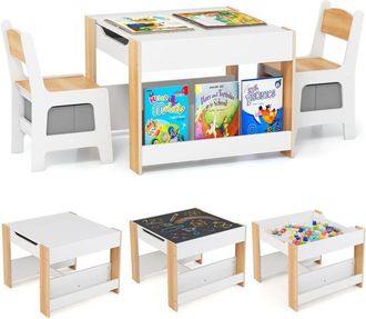 Costway 4 en 1 Table Enfant avec 2 Chaises & Plateau Double Face & Tableau Noir, Table et Chaises en Bois avec 2 Bacs en Tissu & &Eacute;tag&egrave;res &agrave; Livres