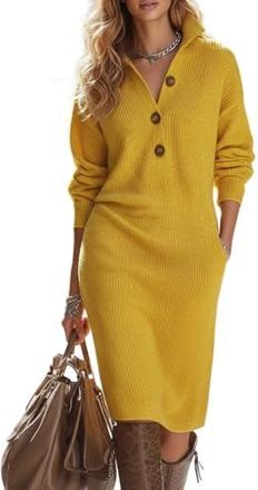 Generic Robe dhiver surdimensionn&eacute;e en tricot boutonn&eacute;e &agrave; col roul&eacute; avec poche pour femme, robe pull &agrave; manches longues pour femme, jaune, XXL