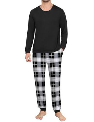 Ekouaer Ensembles de Carreaux Pyjama Homme Pyjama Hiver Manches Longues Loungewear &agrave; Cordon Coulissant, Noir1, XL