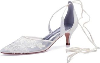 Generic Mari&eacute;e Dentelle Kitten Heels Talon De Soir&eacute;e Sexy pour Femme &Eacute;l&eacute;gantes Bout Pointu Mariage Talons Bas 6Cm,Blanc,41 EU
